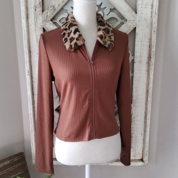 Derek Heart | Tops | Derek Heart Brushed Rib Zip Leopard Faux Fur ...